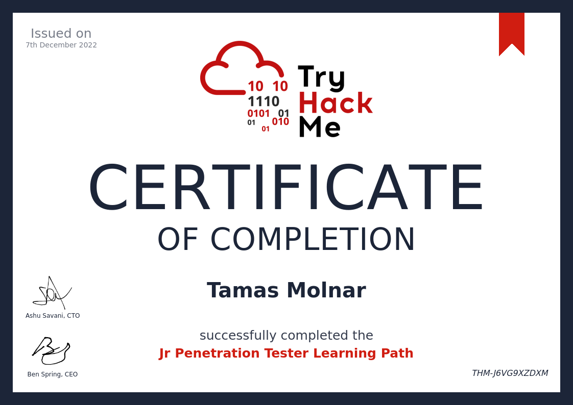 Jr. Penetration Tester learning path on THM – Tom's IT Cafe